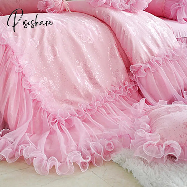 Pink Princess Lace Ruffles Bedspread Bedding Set Luxury Jacquard Satin